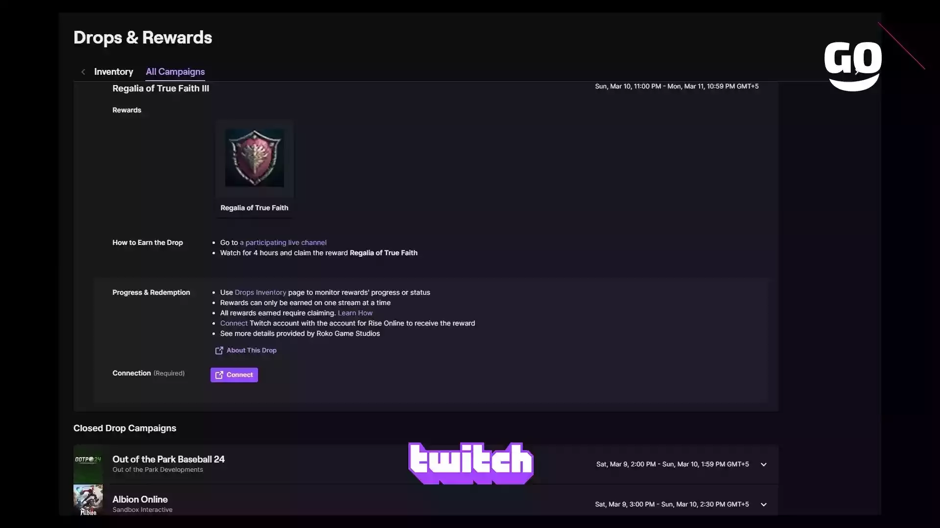 Twitch Drops бонусы Regalia of True Faith III для Rise Online